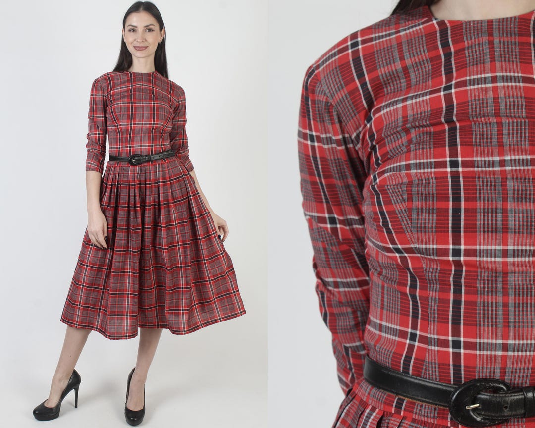 50s Rockabilly Plaid Dress, Metal Side Zipper, Full Circle Skirt, Red White Atomic Print - Etsy