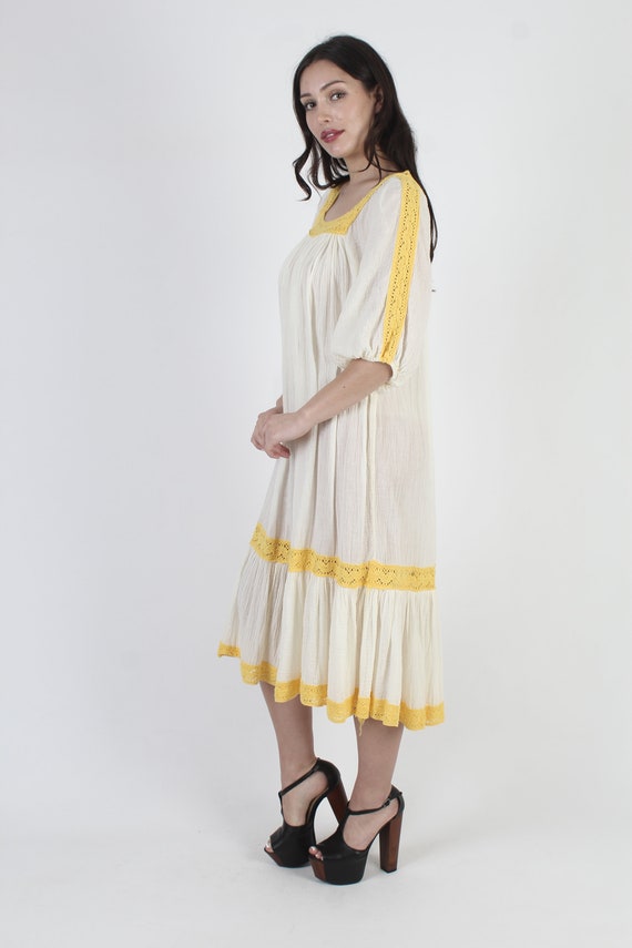 White Thin Gauze Mexican Dress Sheer Cotton Crochet B… - Gem