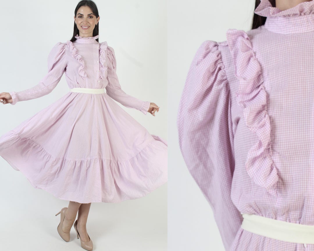 Purple & White Gingham Americana Dress, Plaid Ruffle Chore Outfit ...