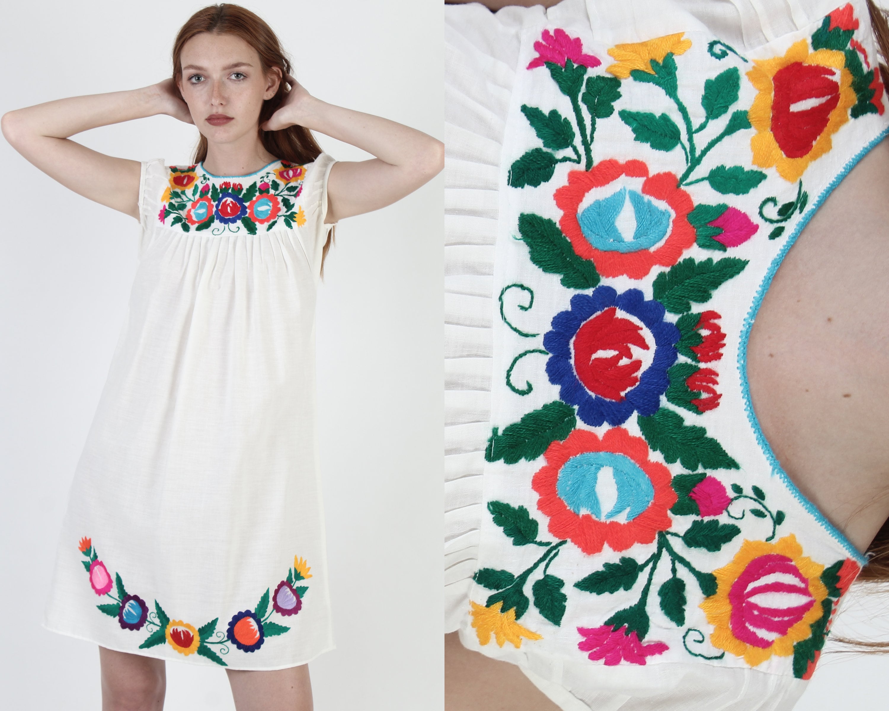 Bright Floral Mexican Summer Dress / Vintage Embroidered Bright Floral Mexican Summer Dress / Vintage Embroidered