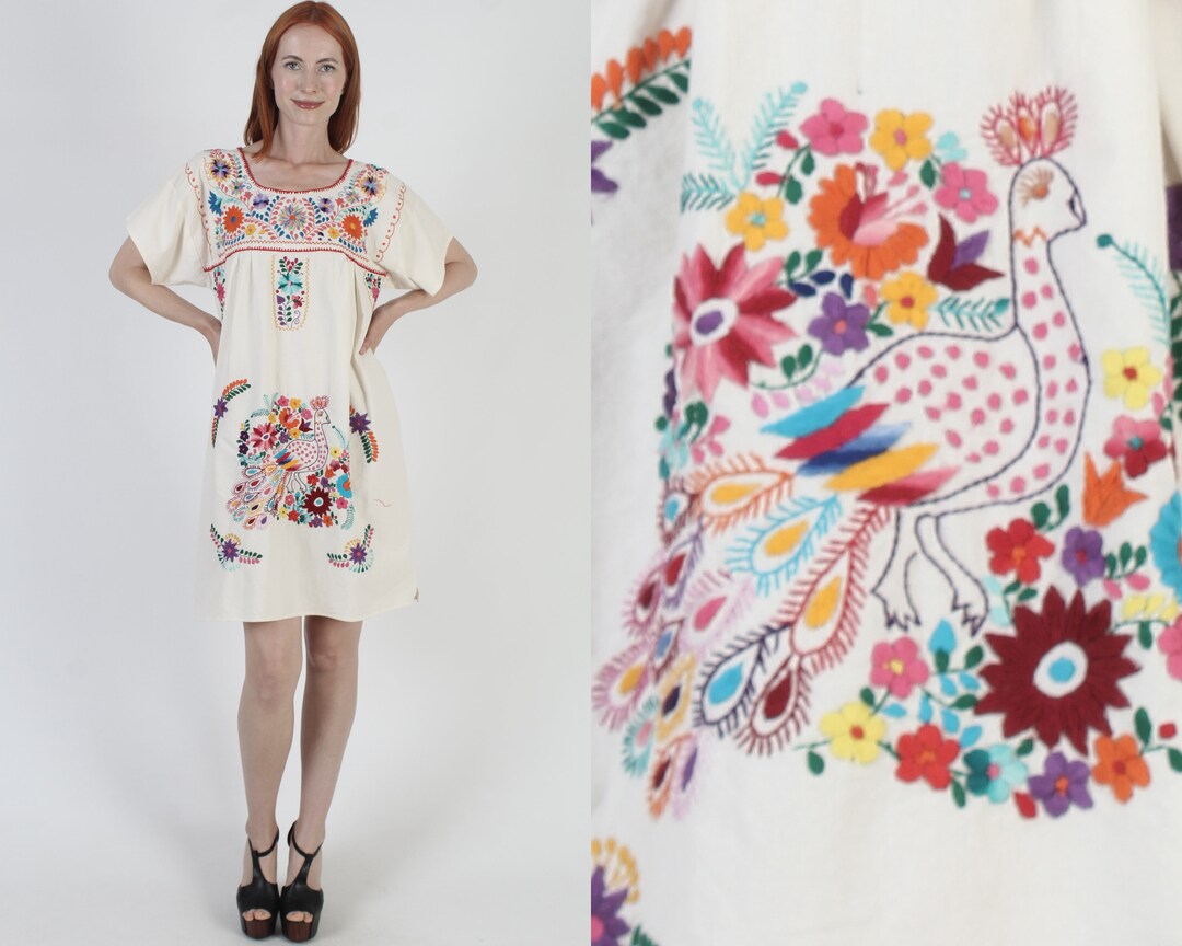 Cream Mexican Peacock Dress Hand Embroidered Sundress Colorful South ...