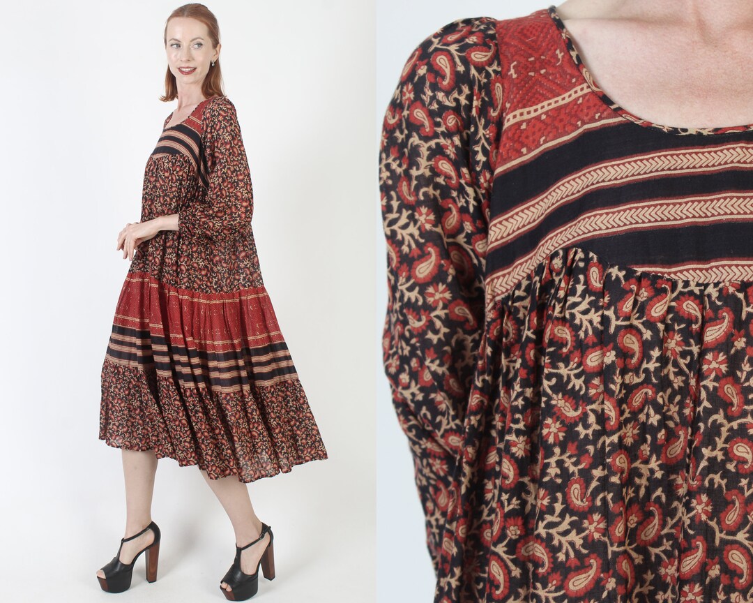 Kaiser Brand India Gauze Dress Vintage 70s Block Print Cotton Sundress ...