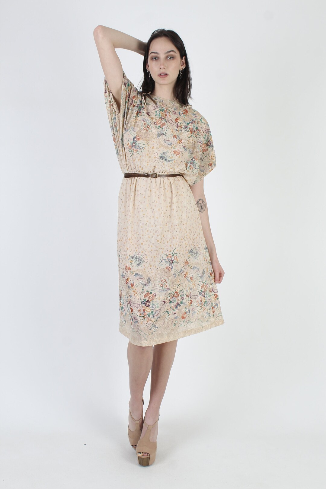 Vintage 80s Sheer Tan Floral Dress / Thin See Through Bouquet Flowers / 1980s Airy Tie Neck Mini ...