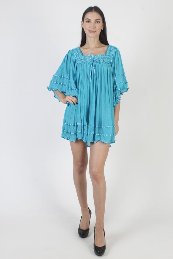 Turquoise Cotton Gauze Micro Mini Dress, Teal Mexican… - Gem