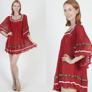 Red Mexican Gauze Micro Mini Dress Lightweight Thin Kimono Bell Sleeves ...