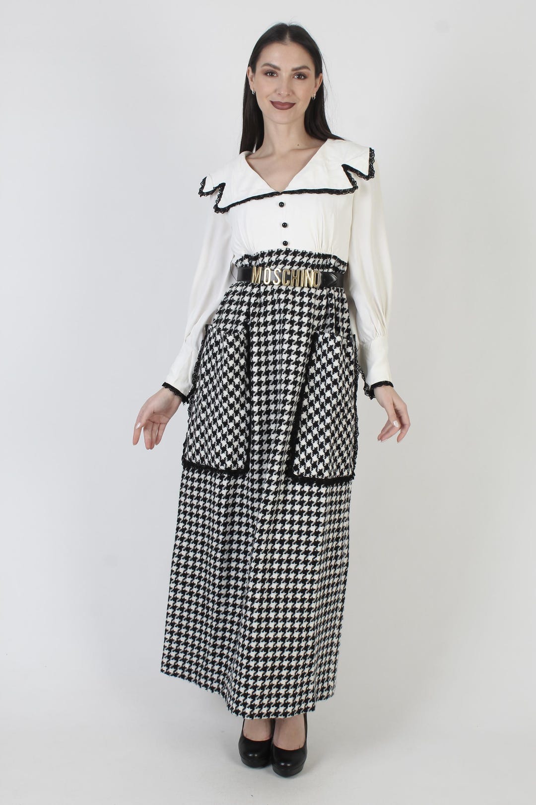 S. Howard Hirsch Cottagecore Dress, White Houndstooth Tweed Maxi ...