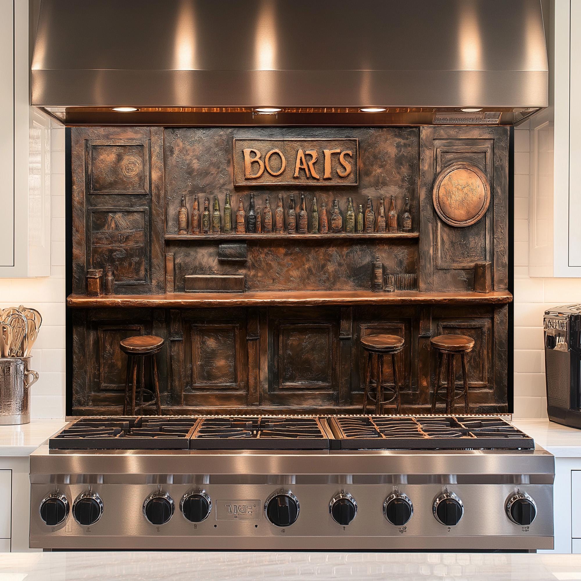 Copper Bar Stove Backsplash, Tempered Glass Kitchen Panel, Rustic Cabin ...