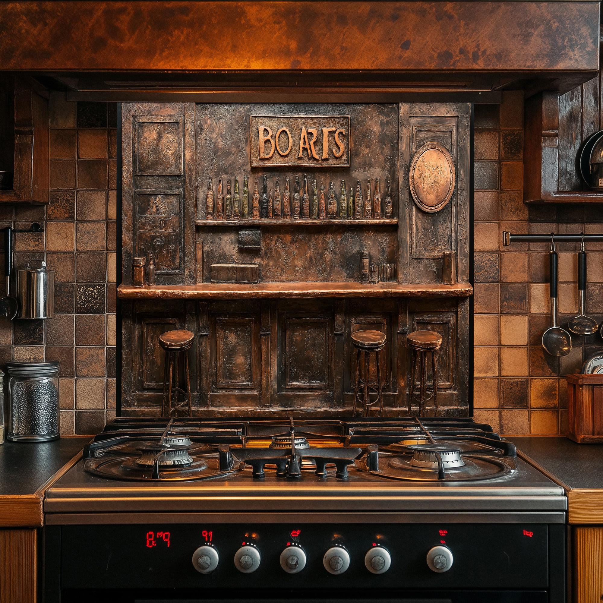 Copper Bar Stove Backsplash, Tempered Glass Kitchen Panel, Rustic Cabin ...