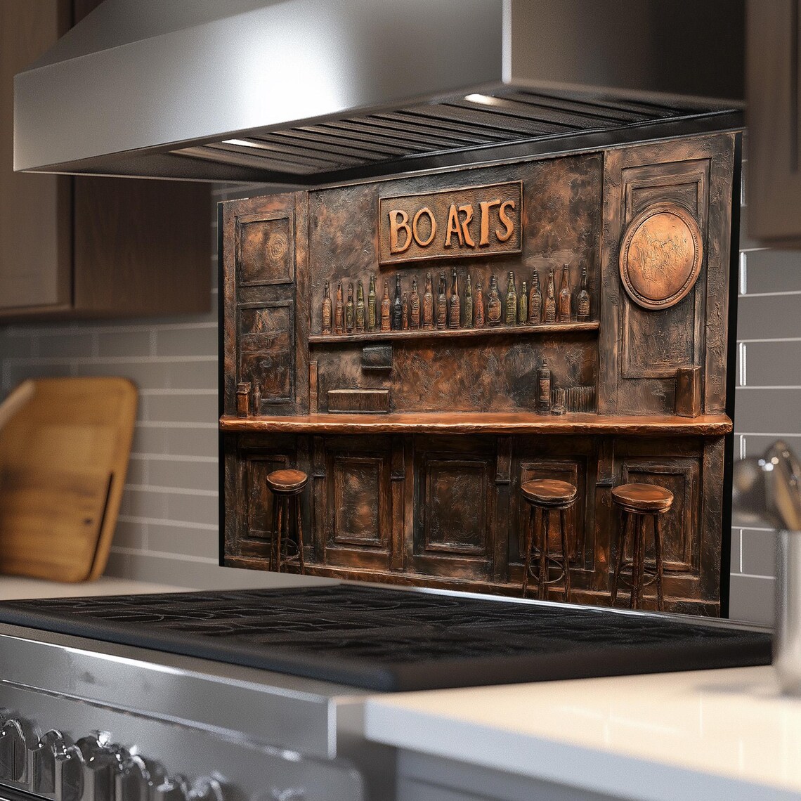 Copper Bar Stove Backsplash, Tempered Glass Kitchen Panel, Rustic Cabin ...