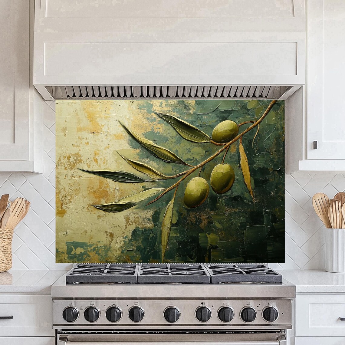 Tempered Glass Backsplash Panel,olive Branch Backsplash for Kitchen ...