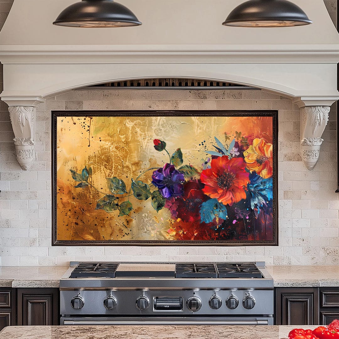Abstract Floral Glass Backsplash, Colorful Stove Panel, Boho Kitchen ...