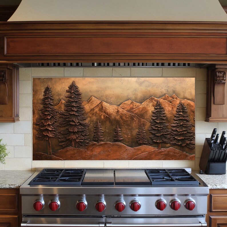Copper Look Pine Tree Mountain Backsplash,tempered Kitchen Backsplash ...