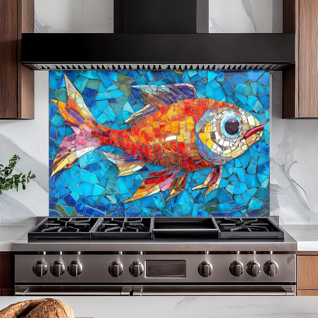 Blue Fish Mosaic Backsplash Panel,tempered Glass Stove Back Cover ...