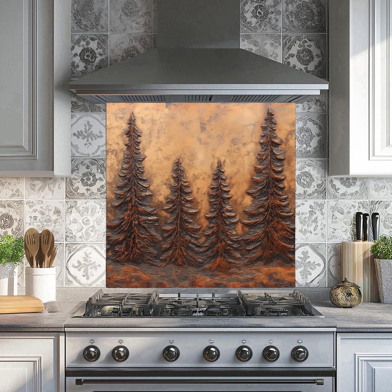 Copper Pine Tree Forest Stove Backsplash, Tempered Glass Kitchen Panel, Rustic Cabin Wall Art ...