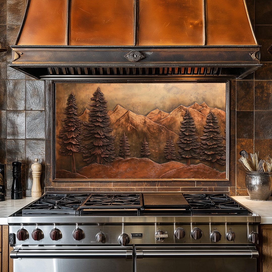 Copper Look Pine Tree Mountain Backsplash,tempered Kitchen Backsplash ...