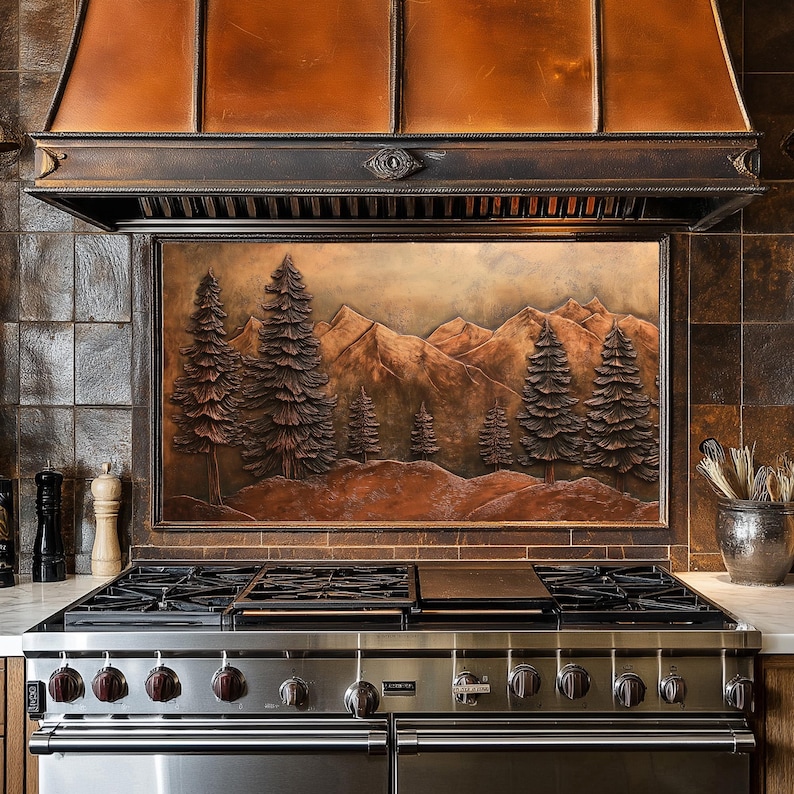 Copper Look Pine Tree Mountain Backsplash,tempered Kitchen Backsplash ...