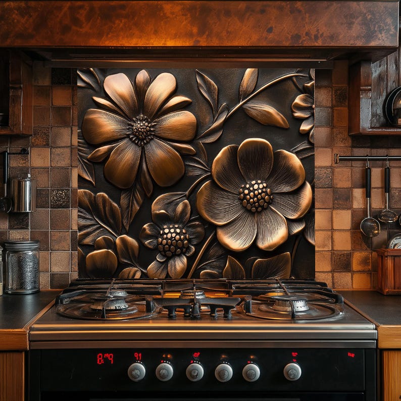 Copper Flowers Glass Kitchen Backsplash Behind Stove,stove Backsplash ...