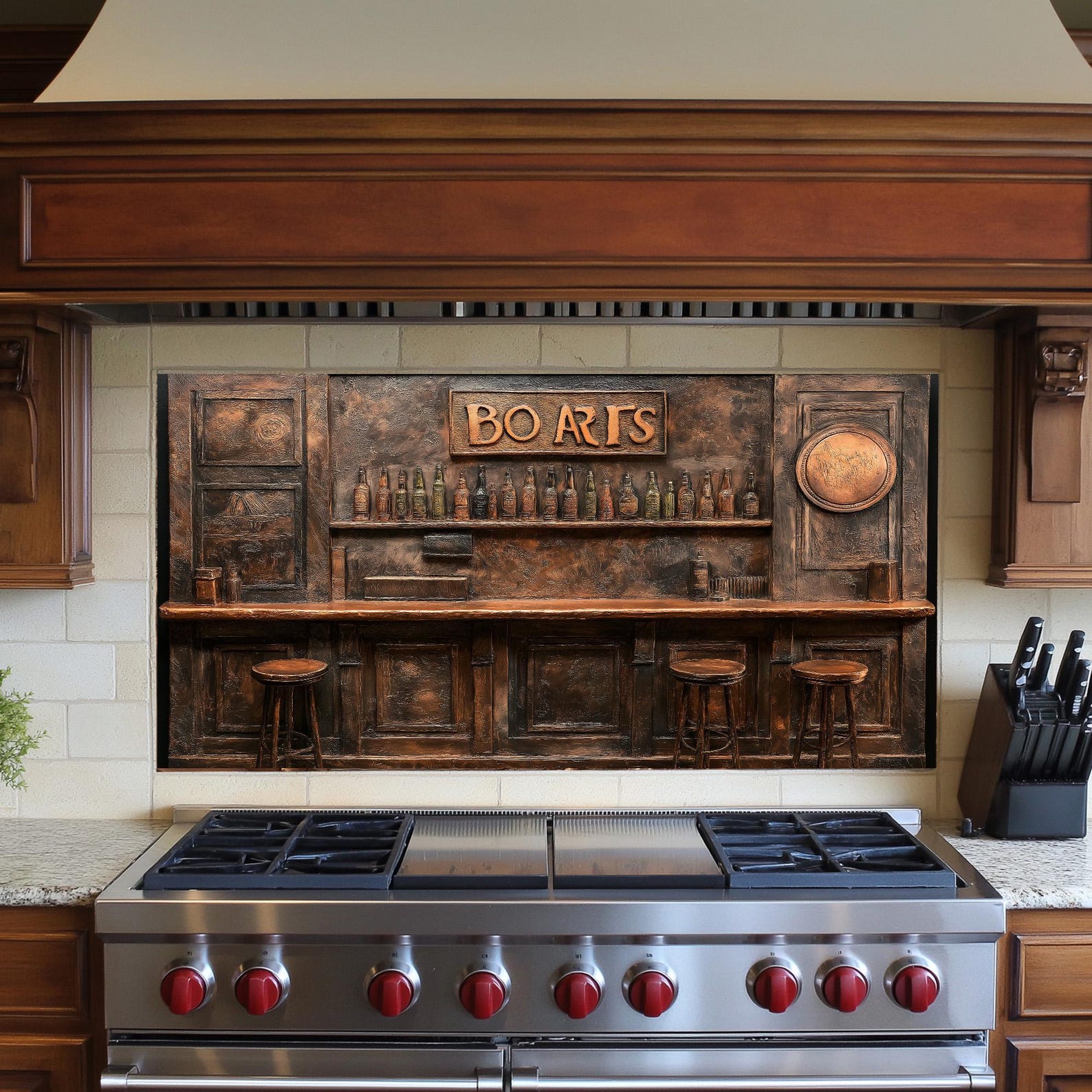 Copper Bar Stove Backsplash, Tempered Glass Kitchen Panel, Rustic Cabin ...