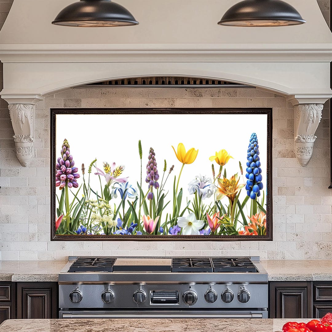 Spring Floral Glass Backsplash, Colorful Stove Panel, Tempered Glass ...