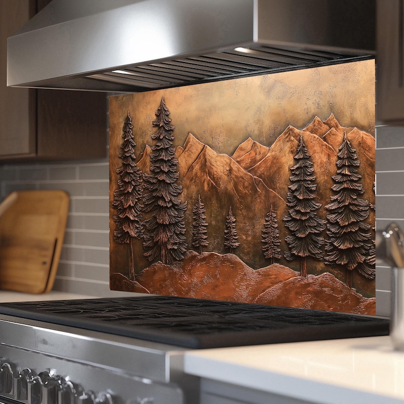 Copper Look Pine Tree Mountain Backsplash,tempered Kitchen Backsplash ...