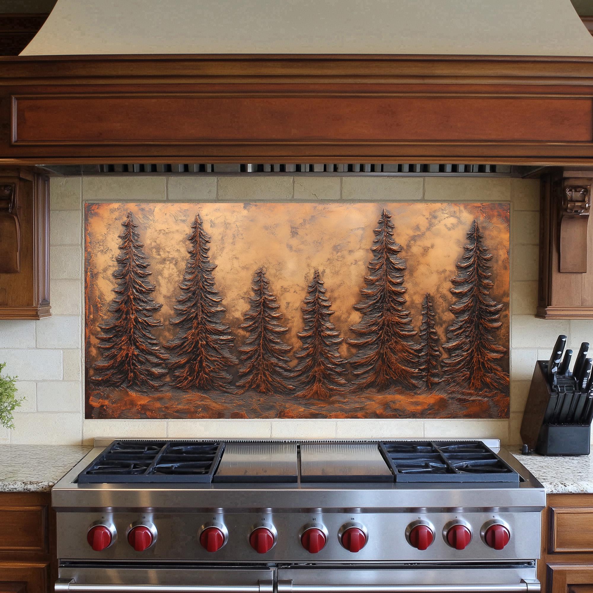 Copper Pine Tree Forest Stove Backsplash, Tempered Glass Kitchen Panel ...