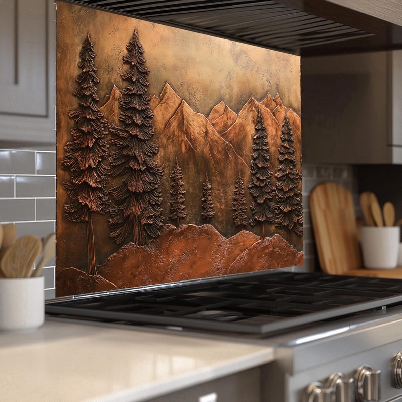 Copper Look Pine Tree Mountain Backsplash,tempered Kitchen Backsplash ...