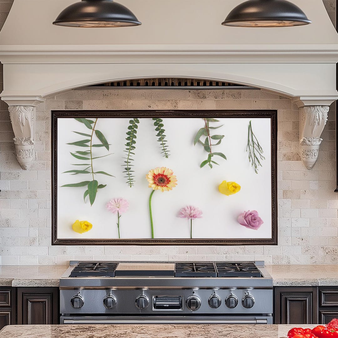 Botanical Glass Backsplash, Minimal Stove Back Cover, Kitchen Wall Art ...