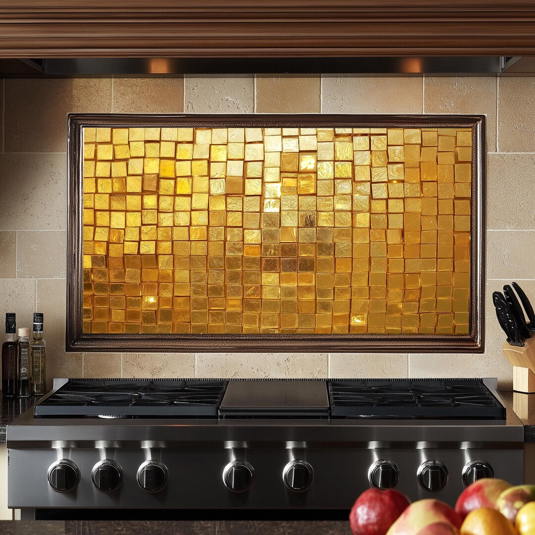 Tempered Glass Backsplash, Gold Mosaic Stove Back Cover, Heat Resistant Kitchen Splashback Panel ...