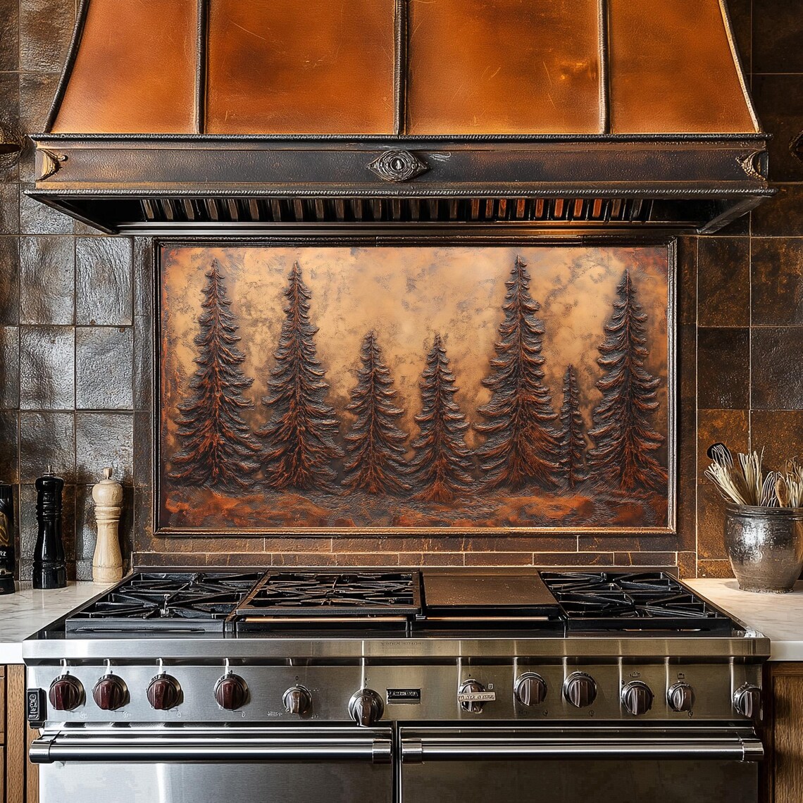 Copper Pine Tree Forest Stove Backsplash, Tempered Glass Kitchen Panel ...