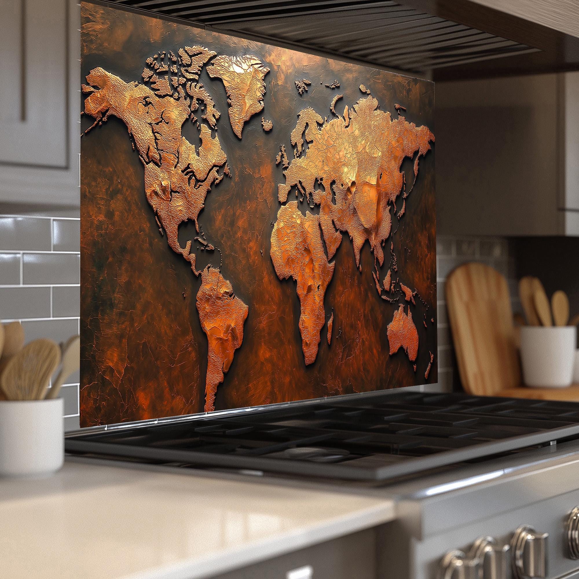 Copper Look World Map Kitchen Backsplash,tempered Kitchen Backsplash ...