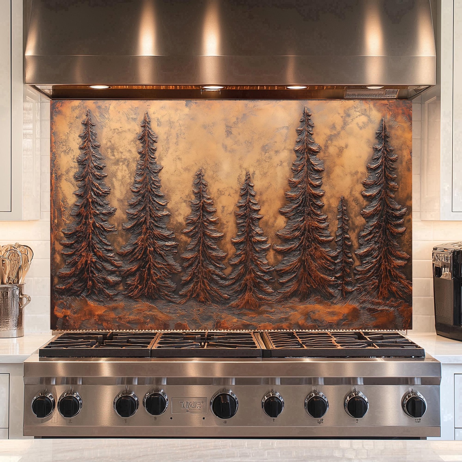 Copper Pine Tree Forest Stove Backsplash, Tempered Glass Kitchen Panel ...