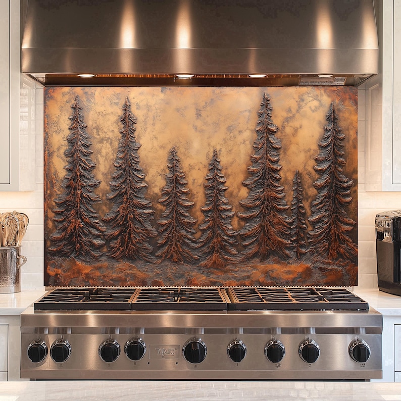 Copper Pine Tree Forest Stove Backsplash, Tempered Glass Kitchen Panel ...