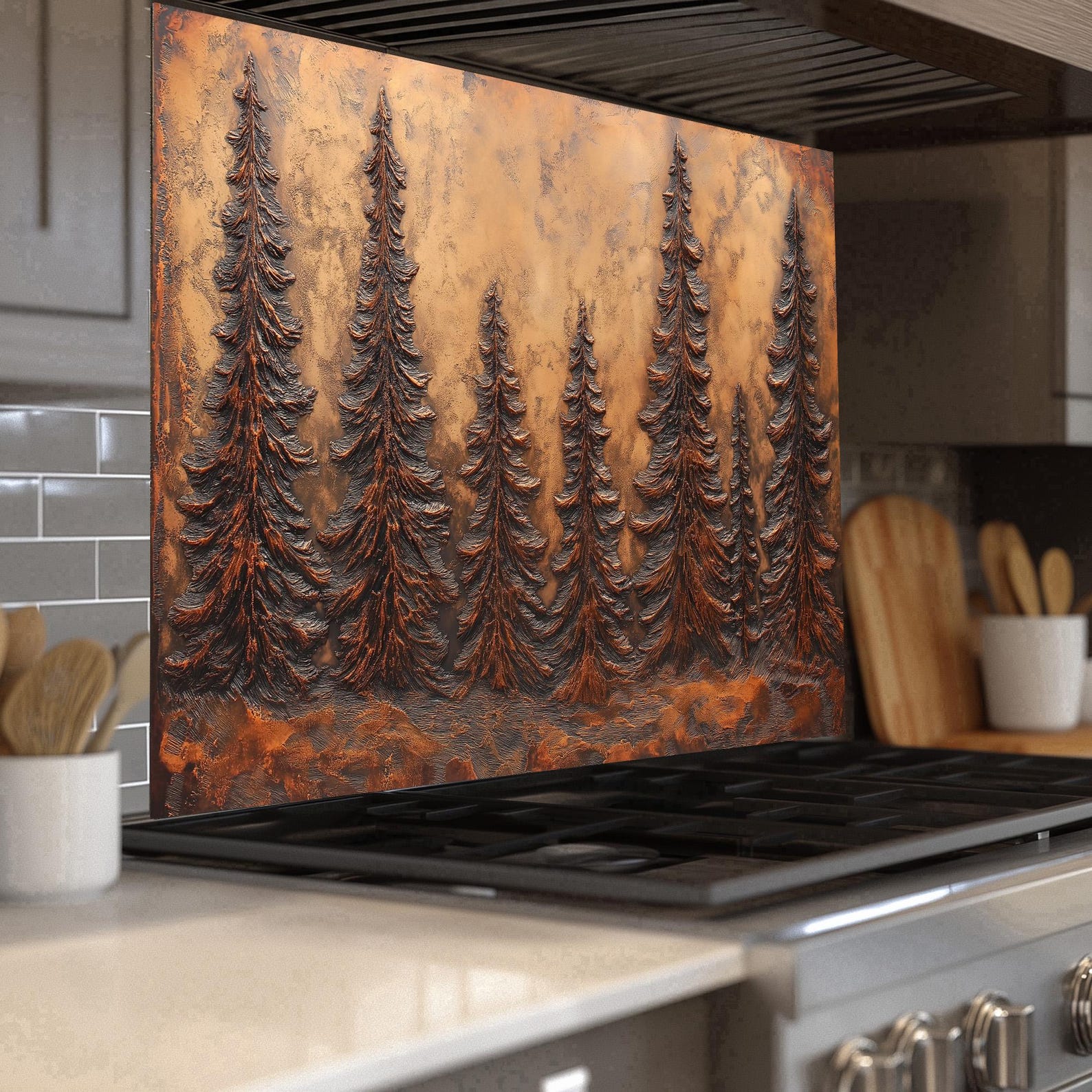 Copper Pine Tree Forest Stove Backsplash, Tempered Glass Kitchen Panel ...