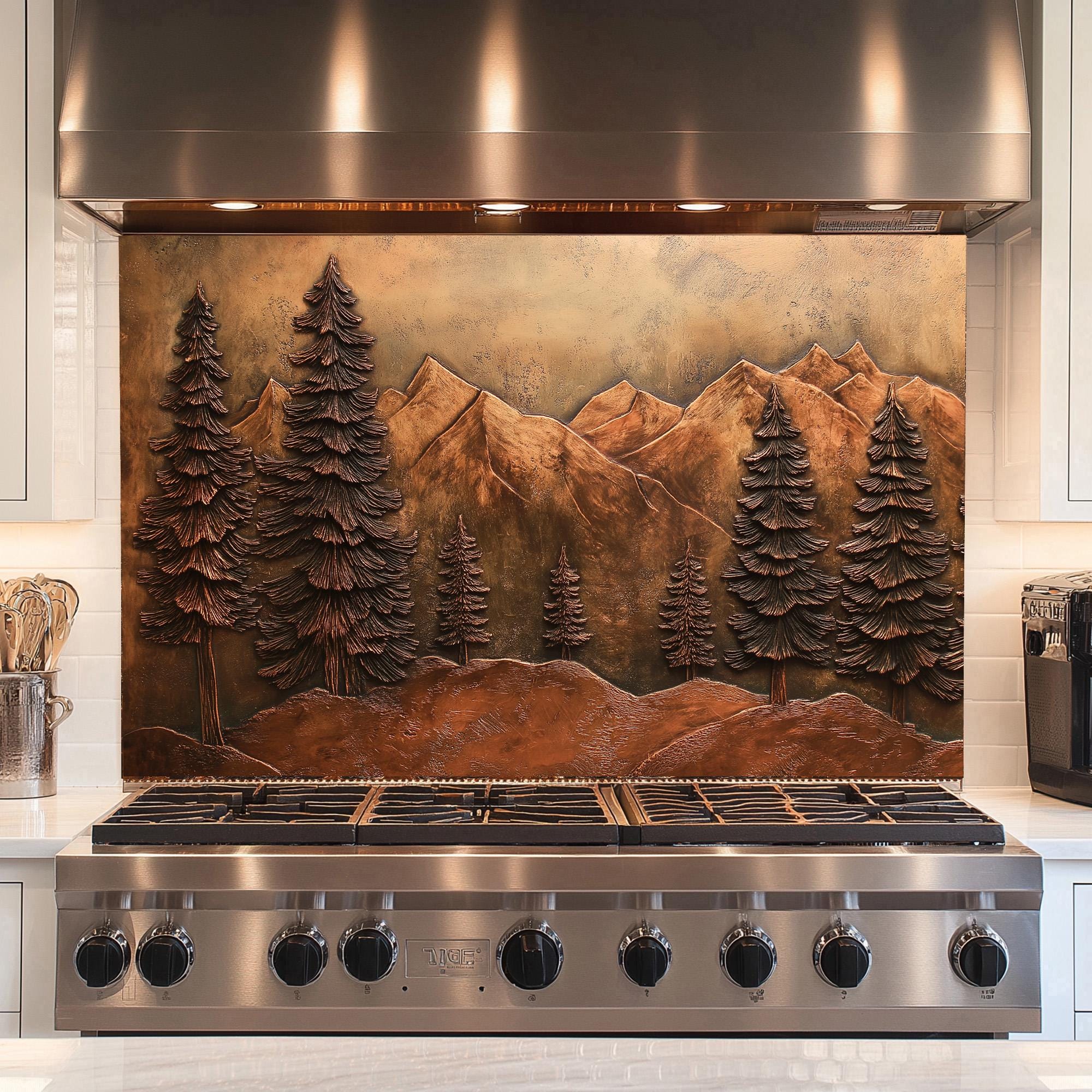 Copper Look Pine Tree Mountain Backsplash,tempered Kitchen Backsplash ...