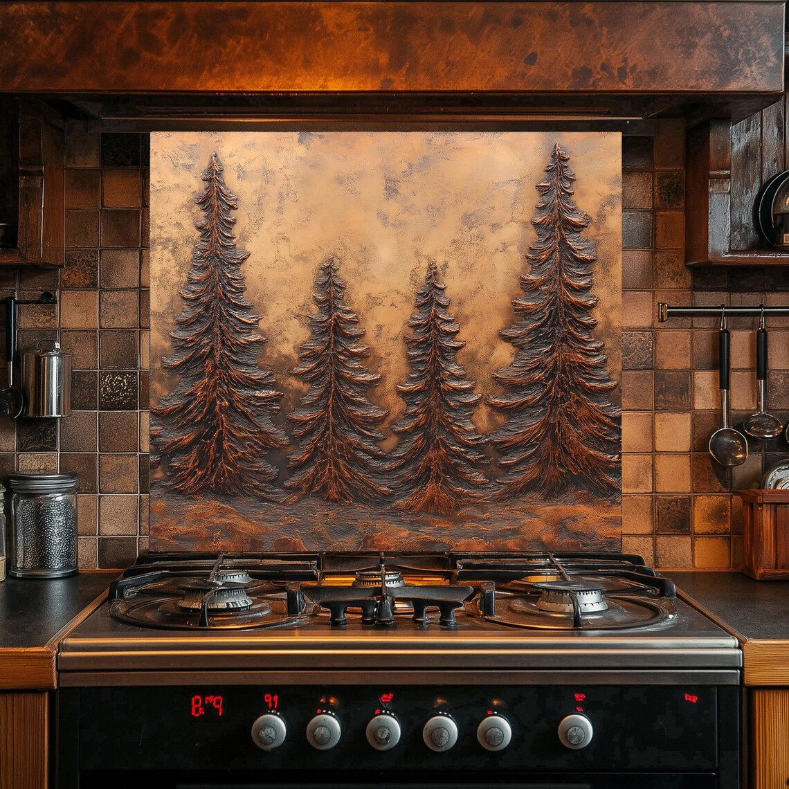 Copper Pine Tree Forest Stove Backsplash, Tempered Glass Kitchen Panel ...