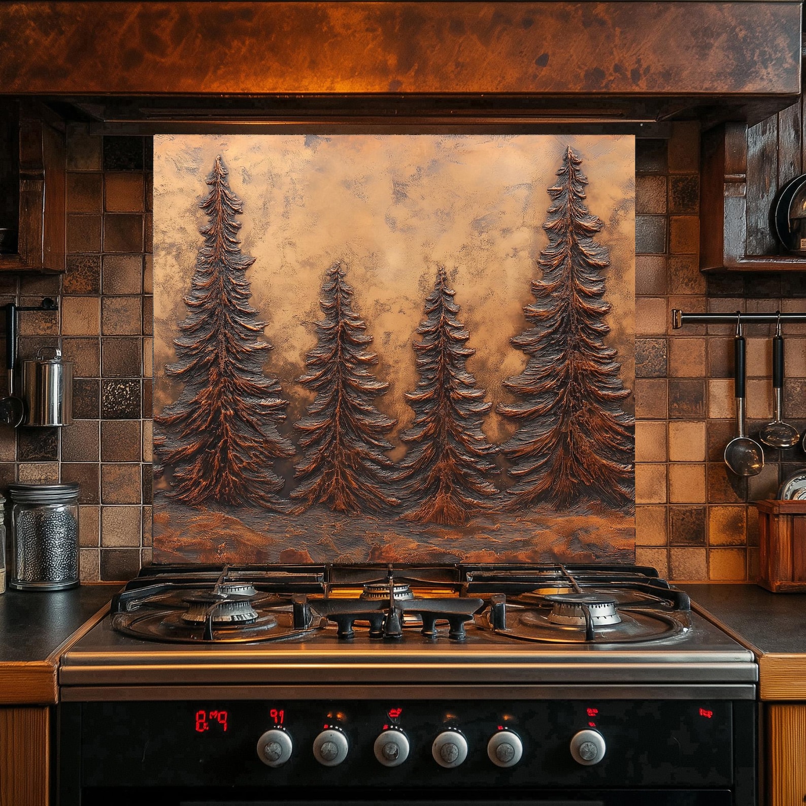Copper Pine Tree Forest Stove Backsplash, Tempered Glass Kitchen Panel ...