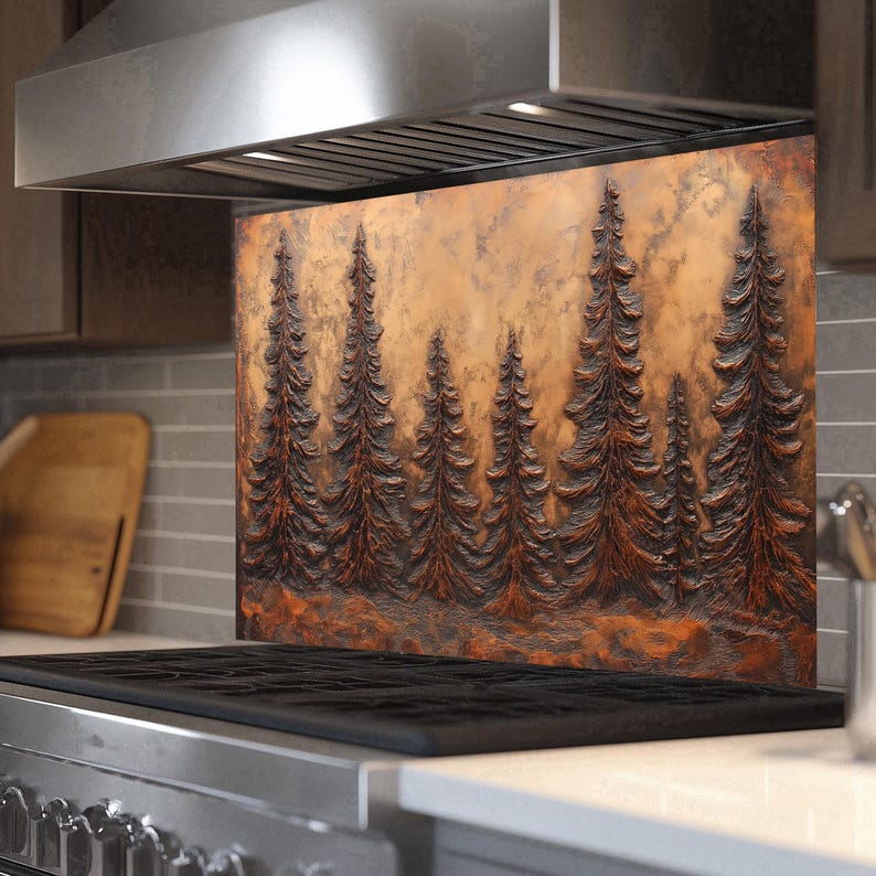 Copper Pine Tree Forest Stove Backsplash, Tempered Glass Kitchen Panel, Rustic Cabin Wall Art ...
