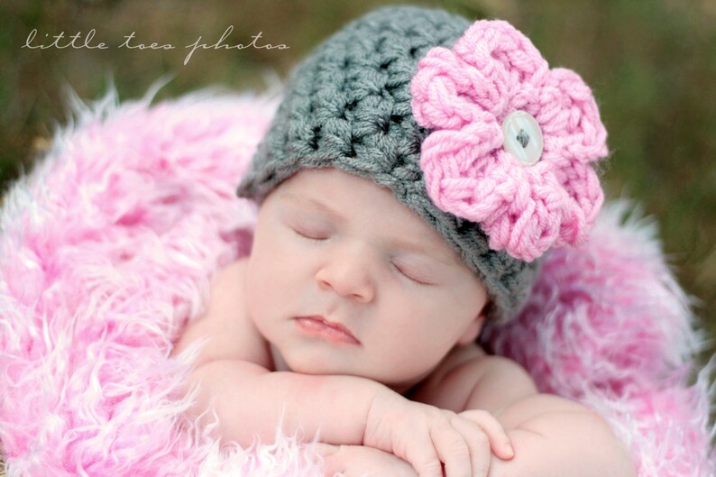 Newborn Baby Beanie Hat in Grey Pink Flower - Etsy