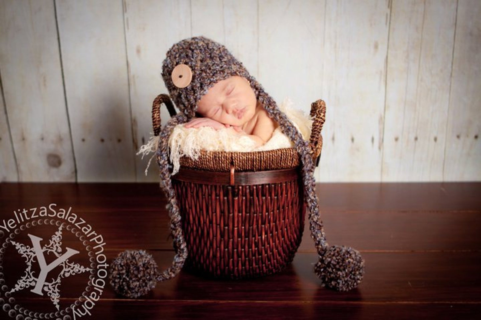 Big Button Newborn Pom Hat Brown Blue - Etsy