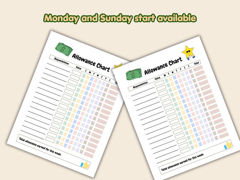 Printable Allowance Chart for Kids | Fillable PDF and JPG Files - Etsy
