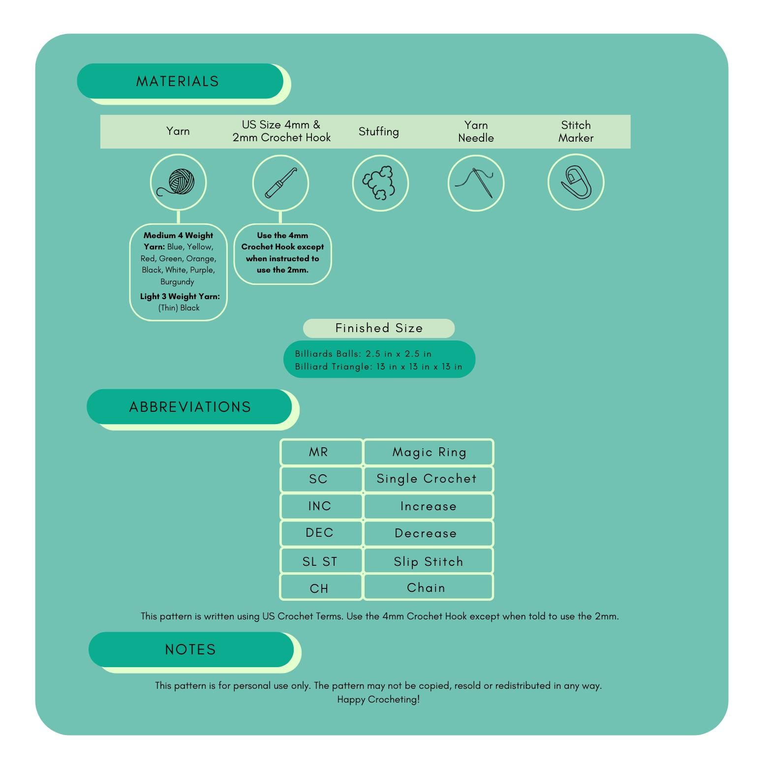 Crochet Pool Ball Set – Life-size Amigurumi Pattern ONLY | Game Room ...