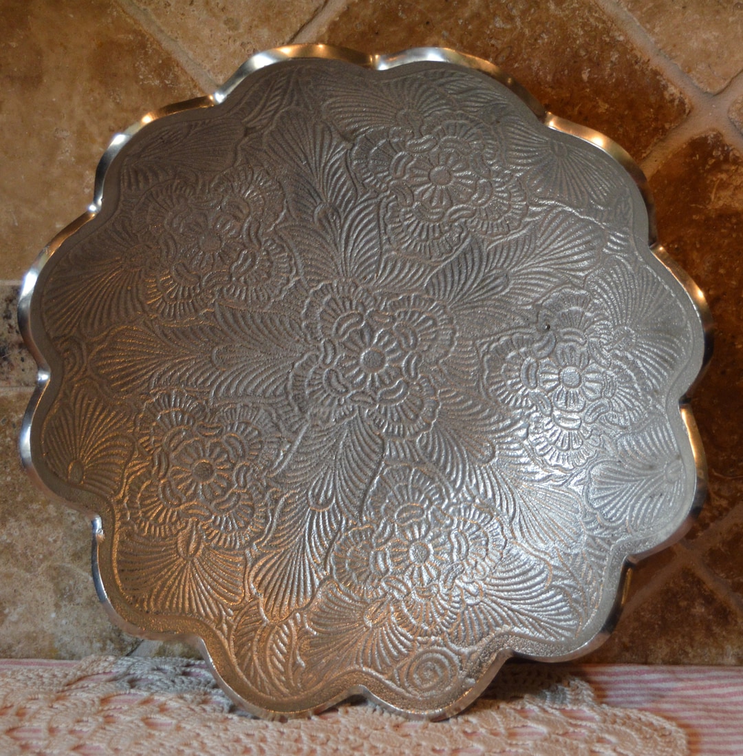 Large Cast Pewter Bowl With Floral Design and Scalloped Rim~12" in ...