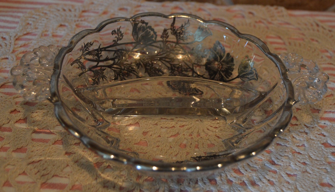 Lovely Silver City Glass Divided Bowl With Silver Overlay and Handles ...