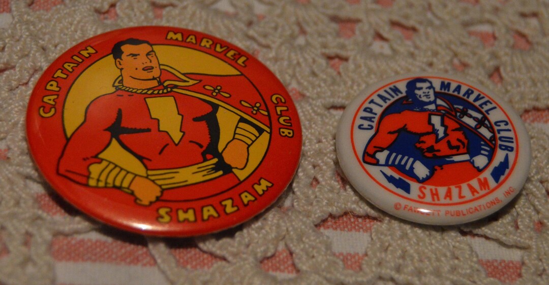 Two Captain Marvel Club Shazam Pinbacks~one is by Fawcett Publications ...
