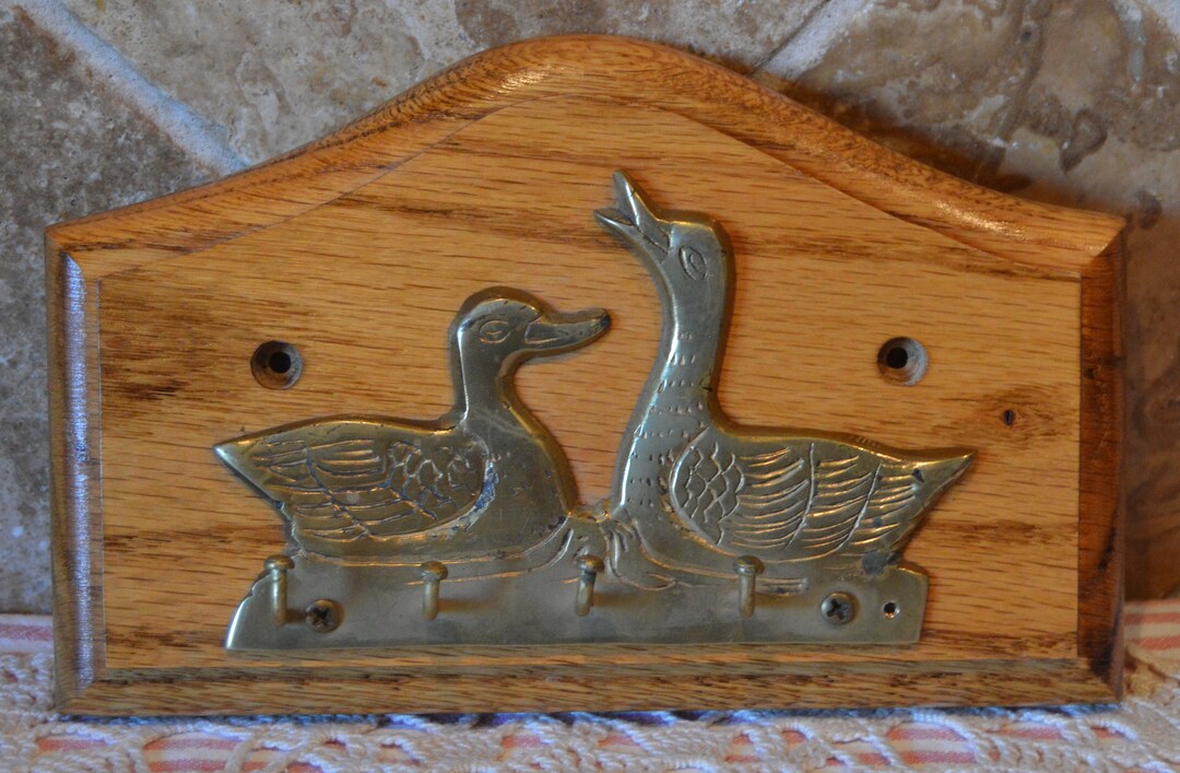 Two Brass Ducks With Hooks on Wood Plaqueone Hook is Missingabout 8 1/2 ...