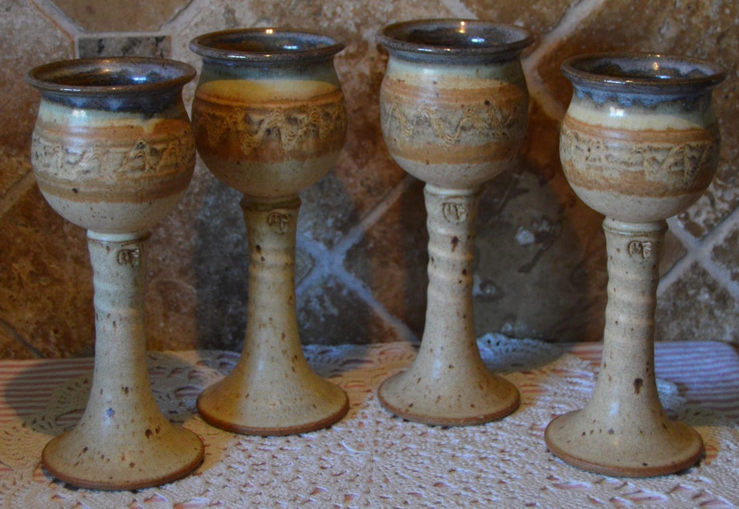 Beautiful Set of Four Pottery Chalises~wine Goblets~marked Mf~just ...