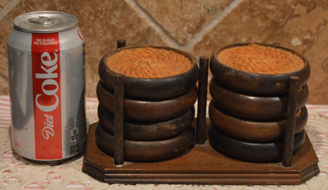 Fun Vintage Coaster Set With Wood and Jute Coasters and Wood Caddy ...