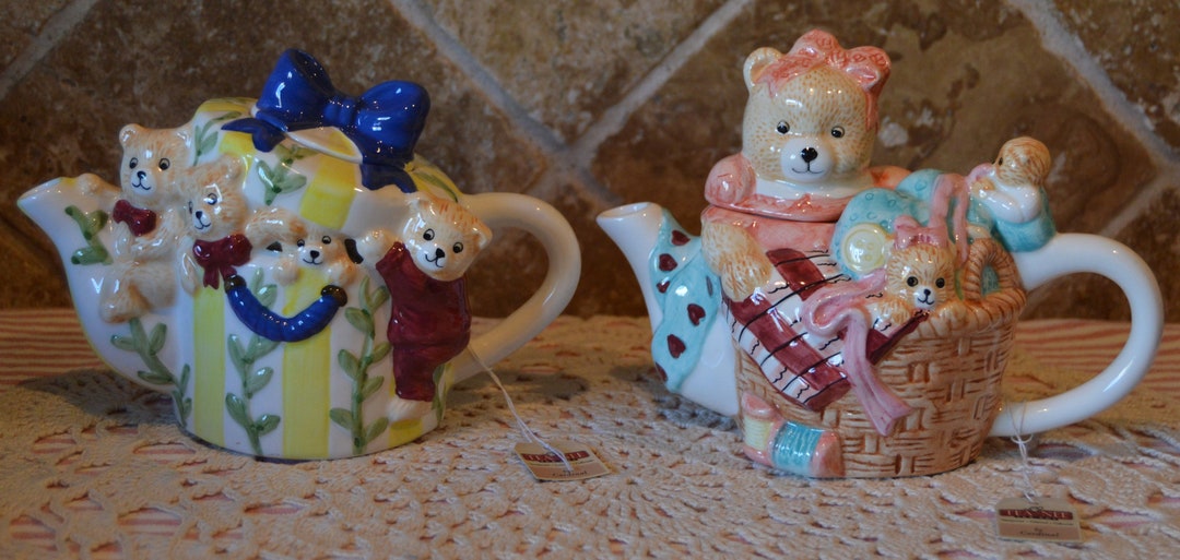 Two Adorable Tee-nee Teddy Teapots~one is Sewing Bee (about 4 3/4" Tall ...