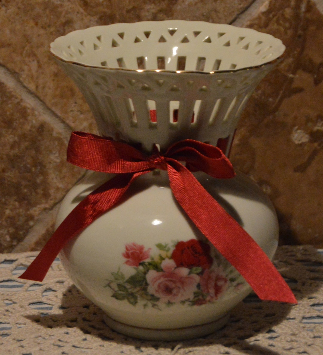 Lovely Pierced Formalities by Baum Bros Vase~ivory Porcelain~roses on ...