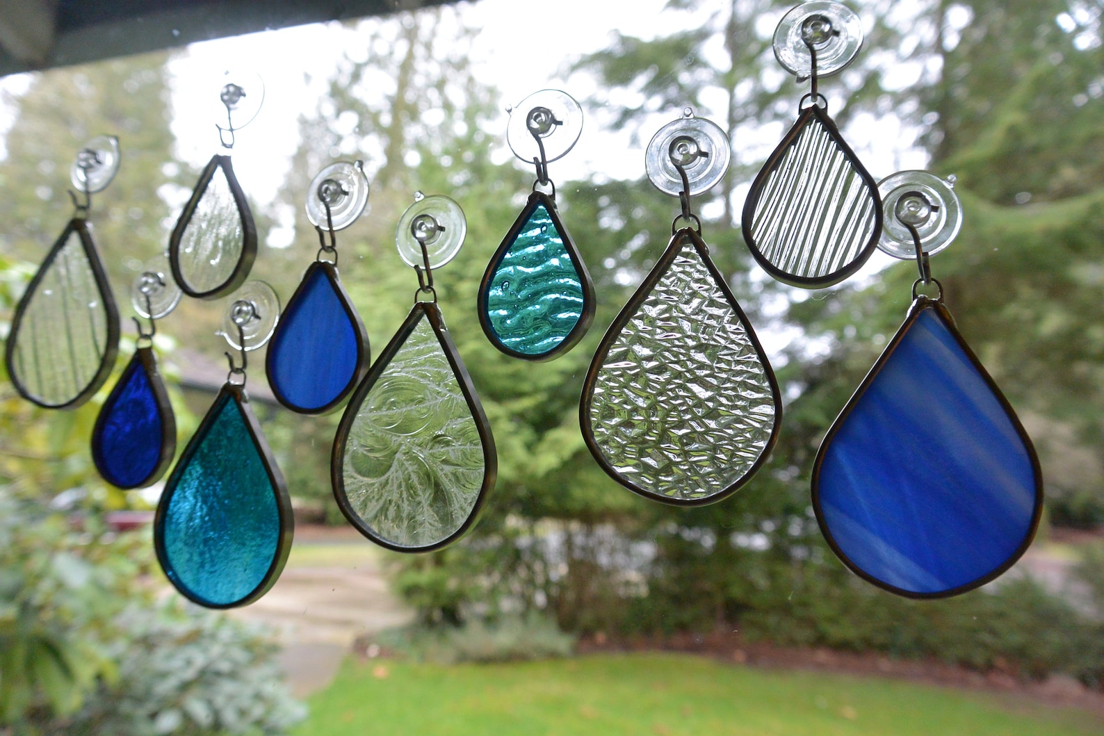 Stained Glass Raindrops - Set of 10 in Assorted Blue & Clear Textured ...